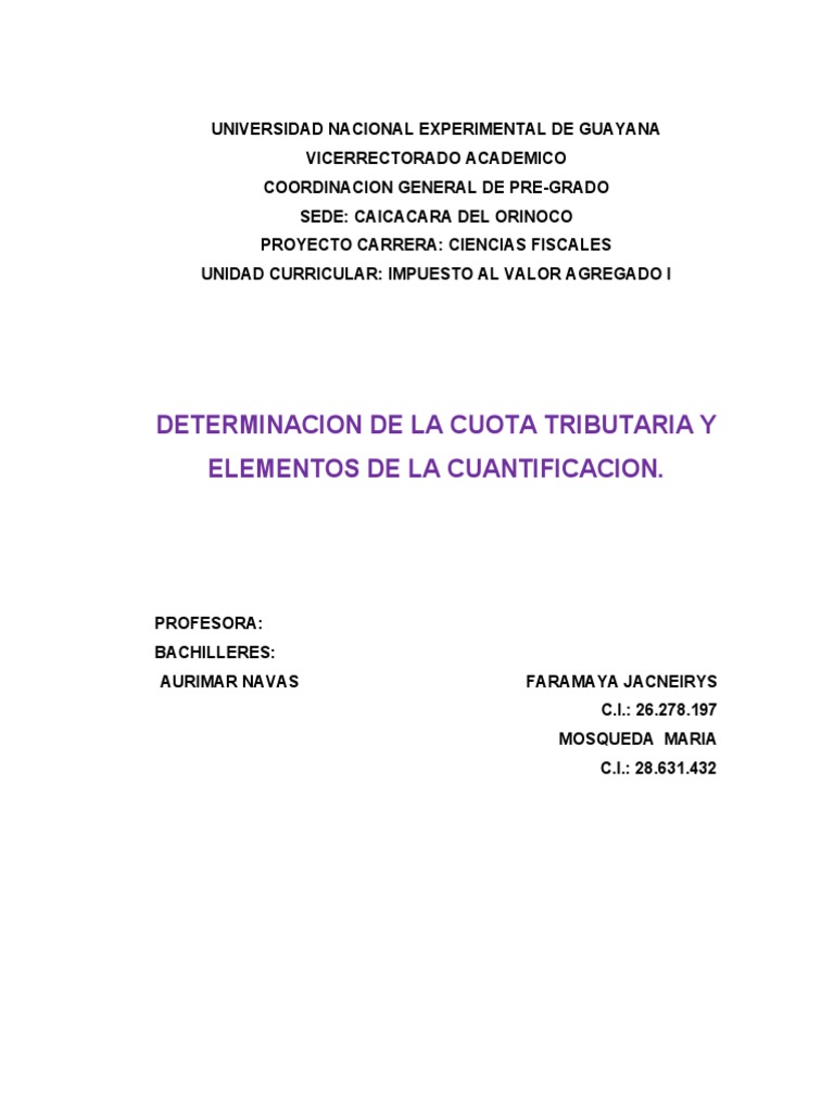 Determinacion de La Cuota Tributaria y Elementos de La Cuantificacion ...