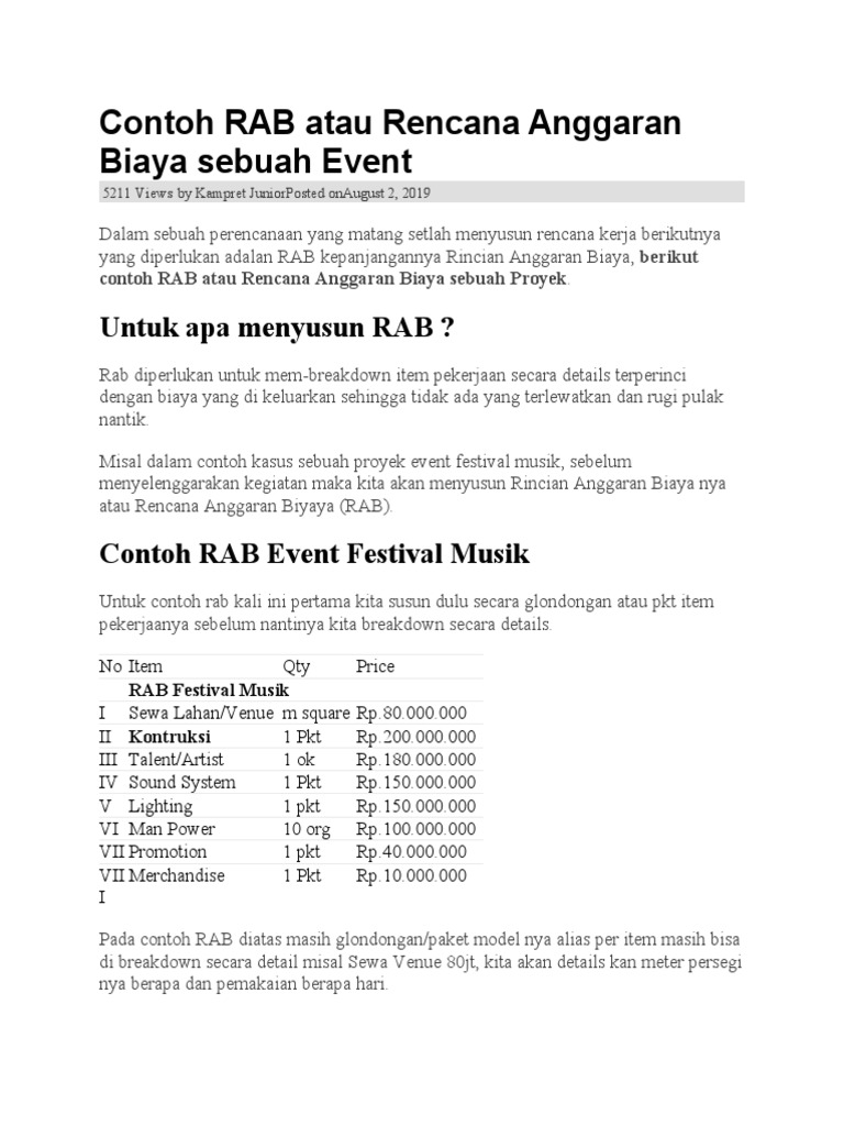 Contoh RAB Festival Musik Terperinci | PDF