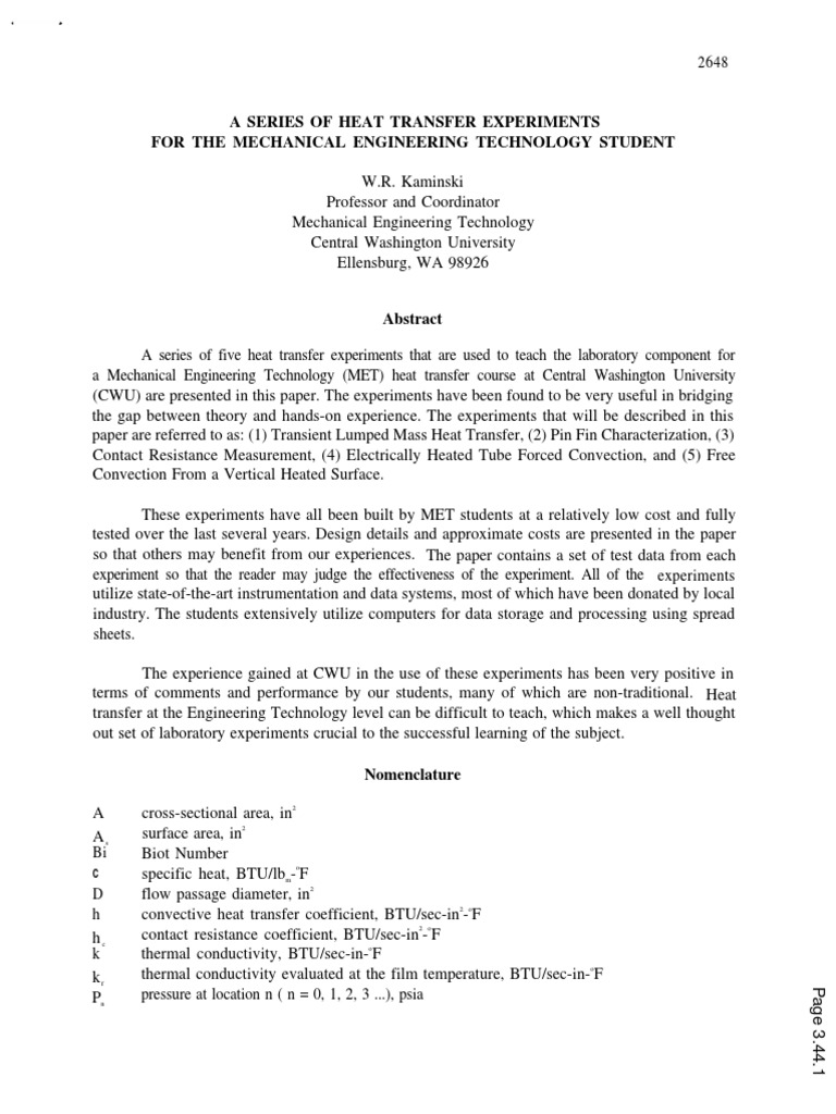 A Series of Heat Transfer Experiments For The Mechanical Engineering ...