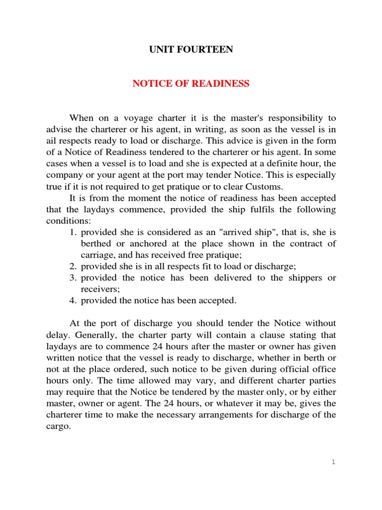 Notice of Readiness: Unit Fourteen | PDF | Shipping | Freight Transport