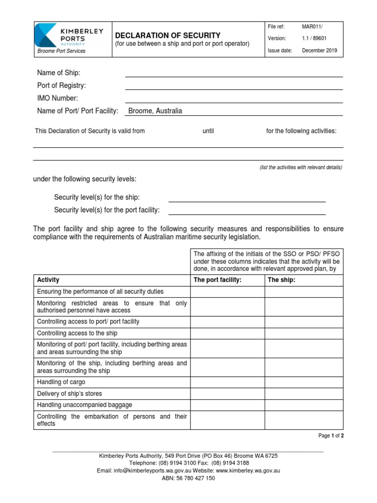 Declaration of Security: Broome Port Services | PDF | Port | Government