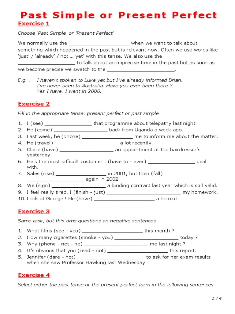 Present Perfect vs Past Simple Exercises | PDF