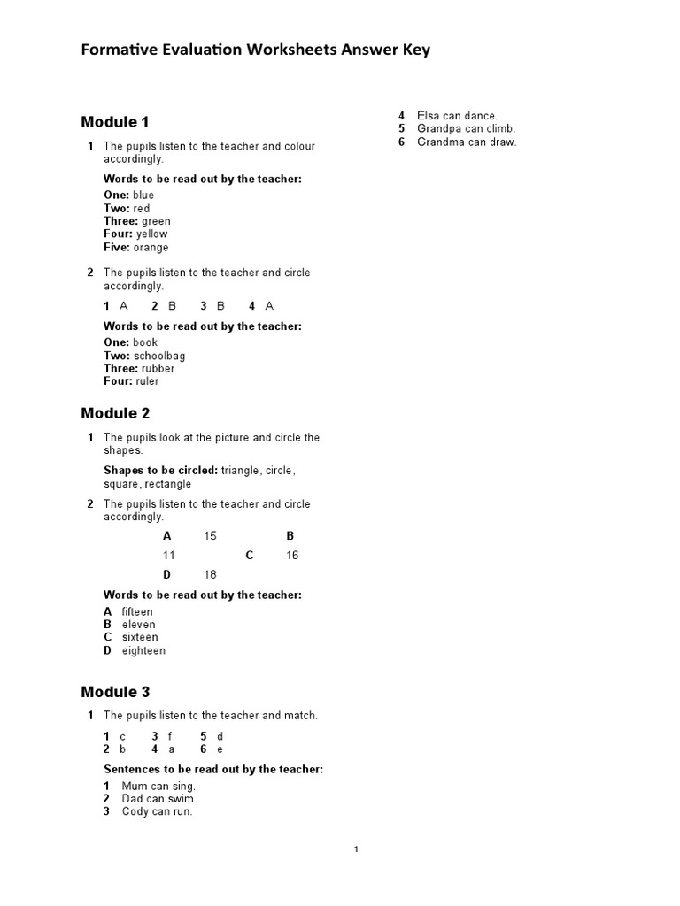 Formative Evaluation Worksheets Answer Key: Accordingly | PDF