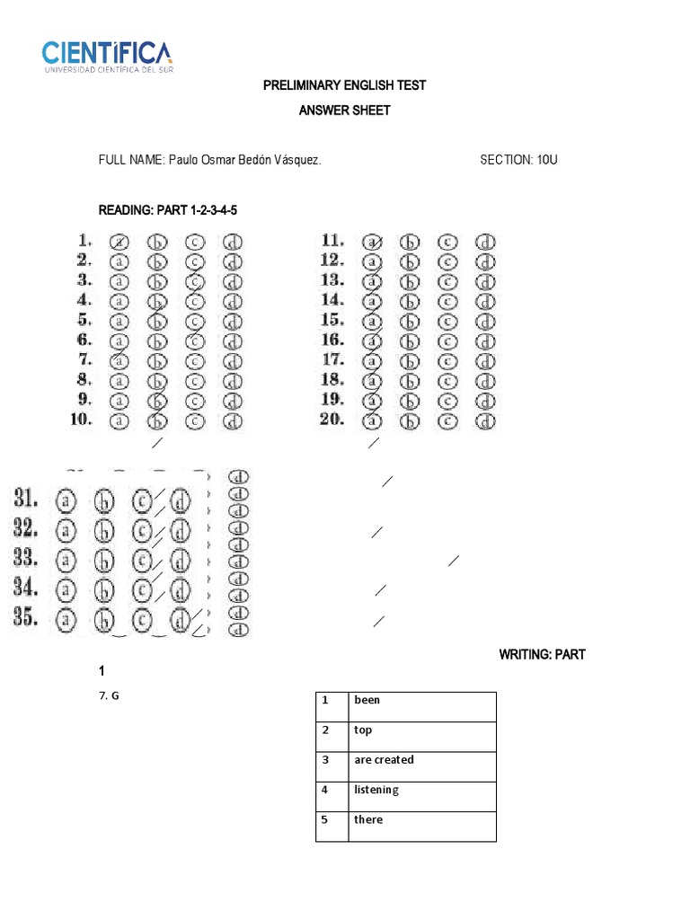 Preliminary English Test Answer Sheet | PDF