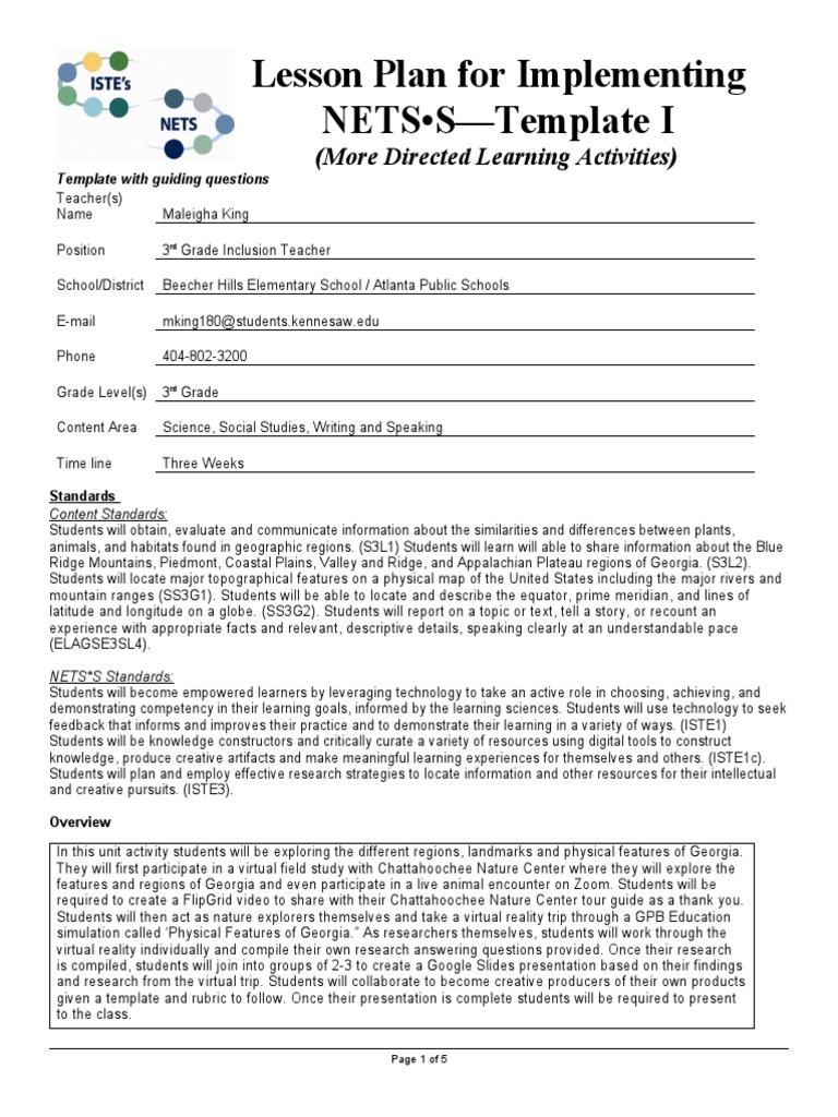Lesson Plan For Implementing NETS - S-Template I: (More Directed ...