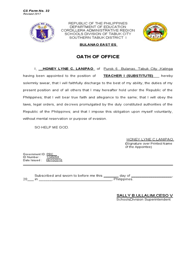 Honey Lyne C. Lanipao's Oath of Office as Teacher I (Substitute) at ...