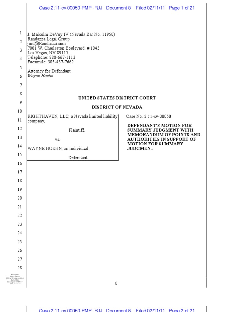 #8 - MSJ + Exhs | PDF | Fair Use | Summary Judgment