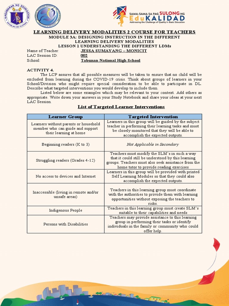 2module 3a - Lesson 1 - Activity 4 | PDF | Teachers | Pedagogy