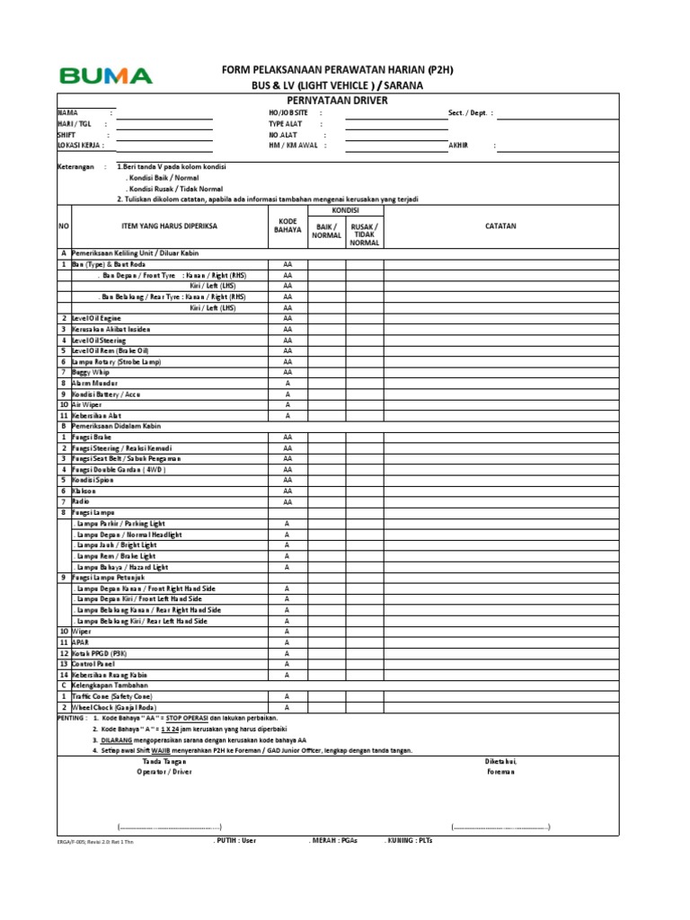 Form P2H Alat Berat dan Kendaraan | PDF