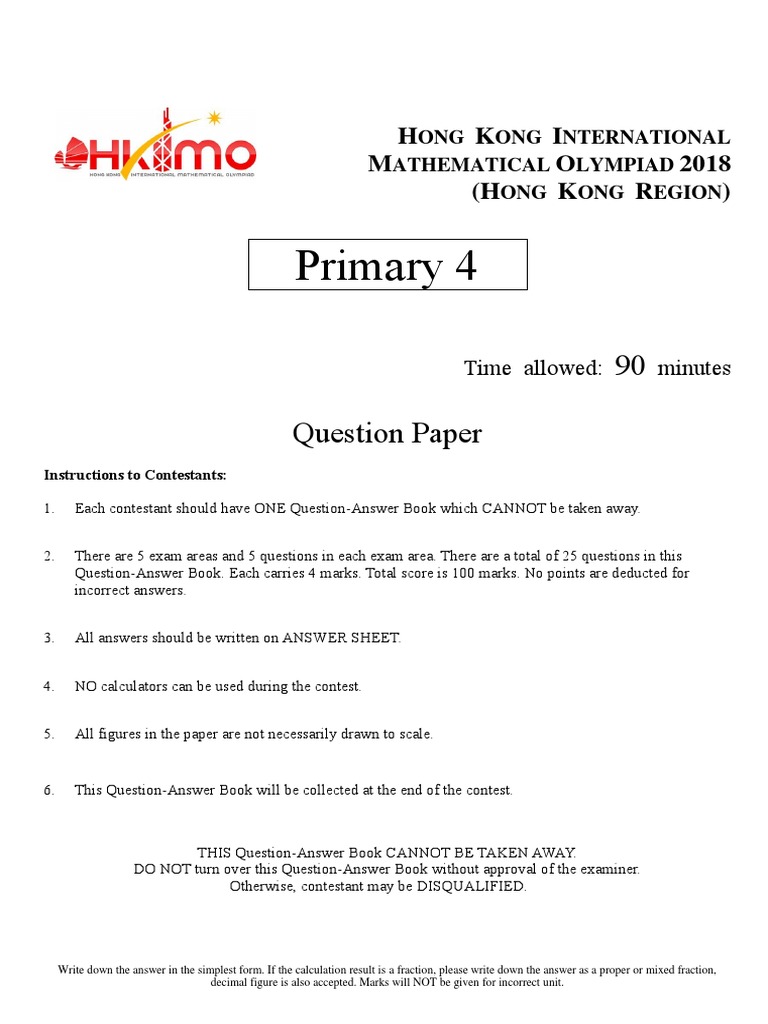 Primary 4 Mathematics Olympiad Exam Paper Focused on Logical Thinking, Arithmetic, Number Theory ...