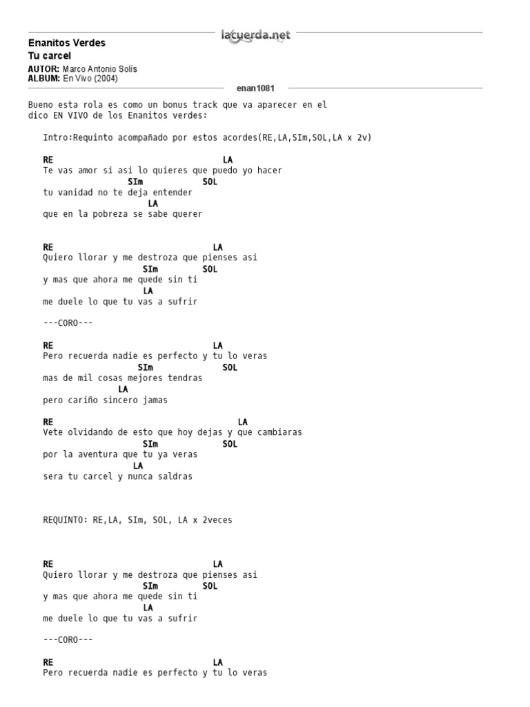 Enanitos Verdes, Tu Carcel - Letra y Acordes PDF | PDF