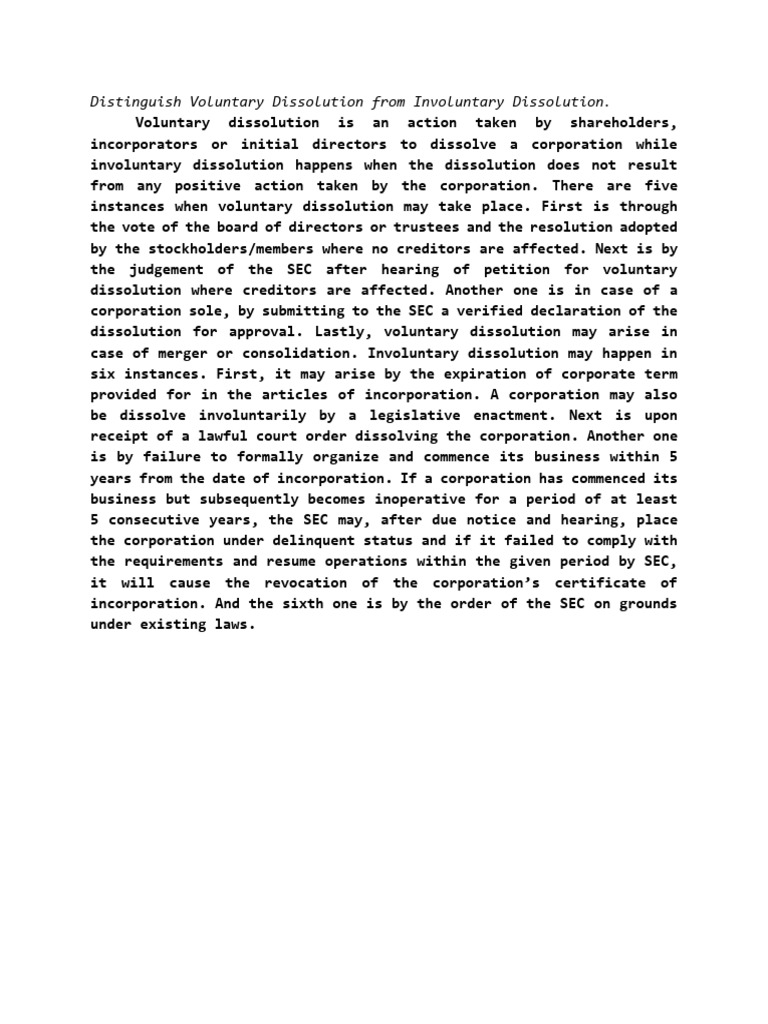 Distinguish Voluntary Dissolution From Involuntary Dissolution | PDF
