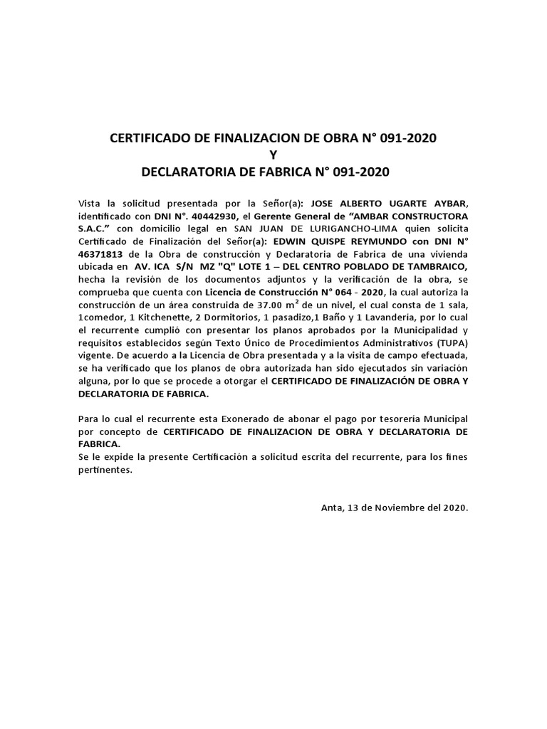 Certificado de Finalizacion de Obra N | PDF