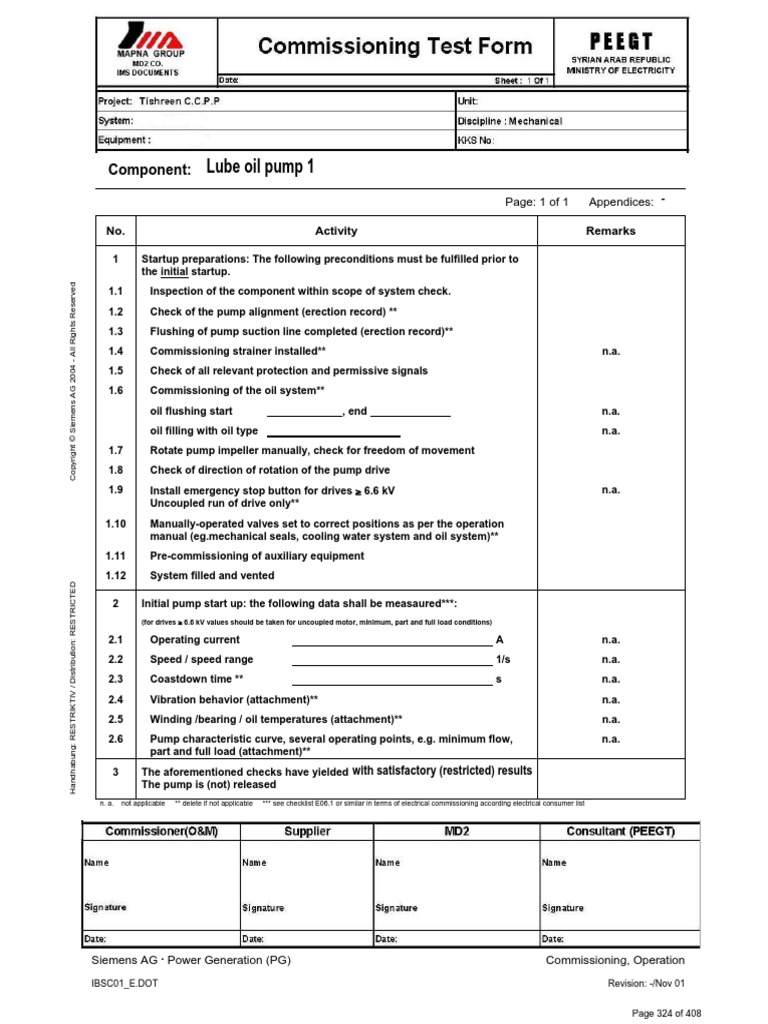 Lube Oil Pump 1: Commissioning Check List M | PDF | Pump | Valve