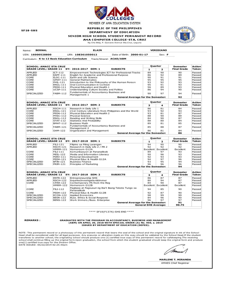 Republic of The Philippines Department of Education Senior High School ...