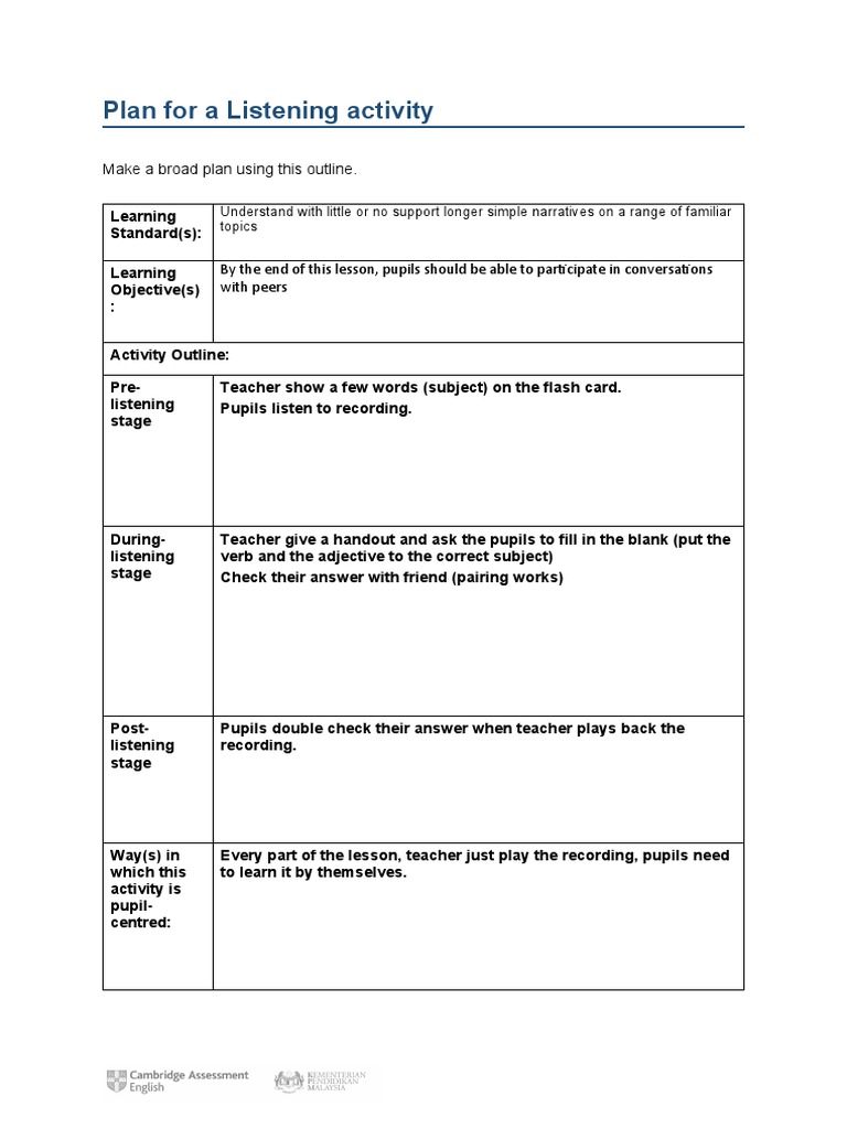 Plan For A Listening Activity - Template | PDF | Foreign Language Studies