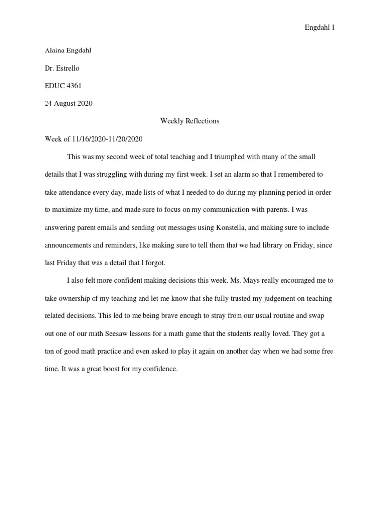 Completed Student Teaching Weekly Reflections | PDF | Classroom | Teachers
