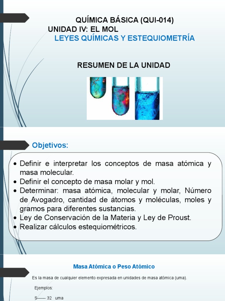 UNIDAD NO.4 Calculo de Masas, Leyes Quimicas y Estequiometria Semestre 2020-1 | PDF | Mole ...