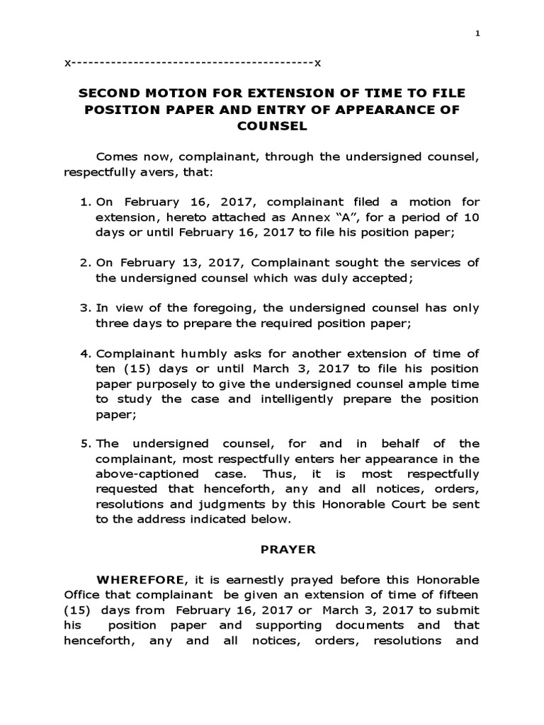 Second Motion For Extension of Time To File Position Paper and Entry of ...