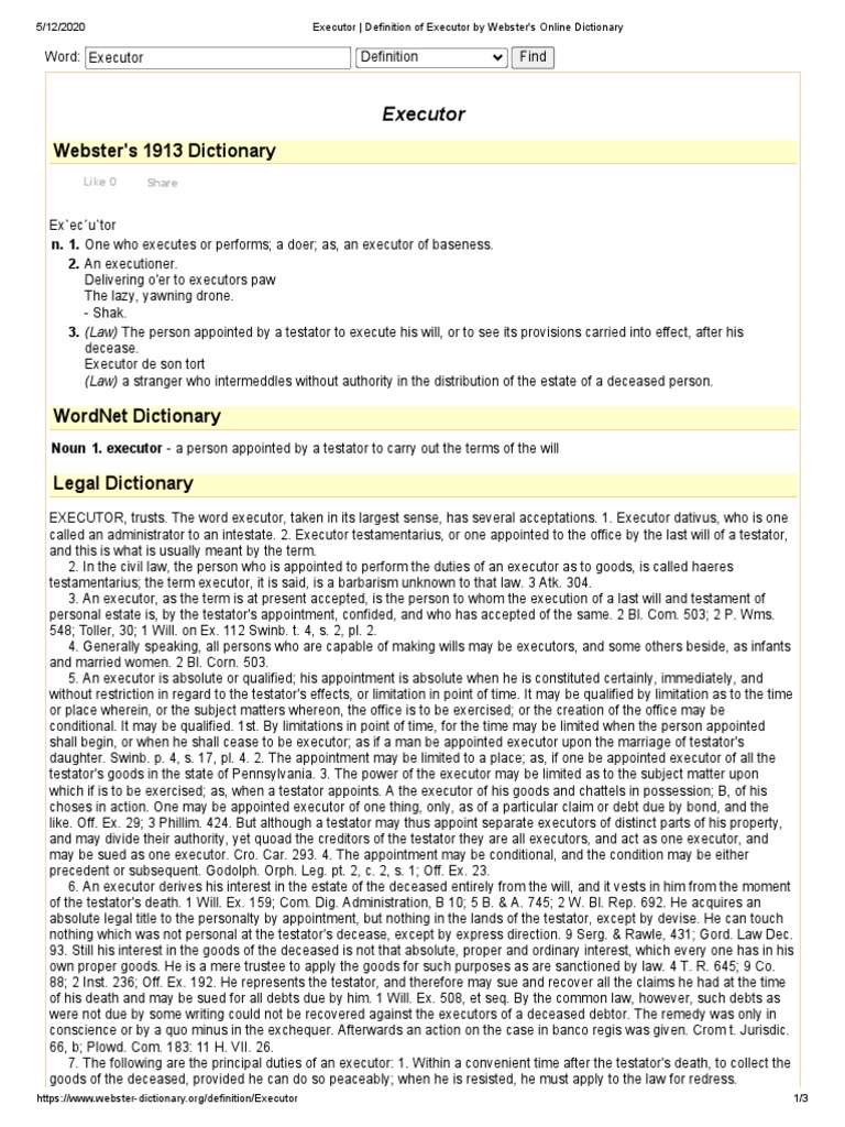 Executor - Definition of Executor by Webster's Online Dictionary | PDF ...
