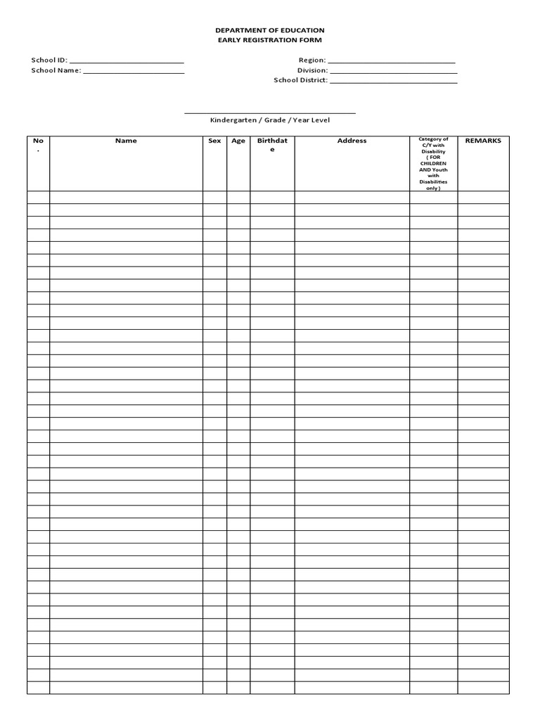 Early Registration Form for Schools | PDF