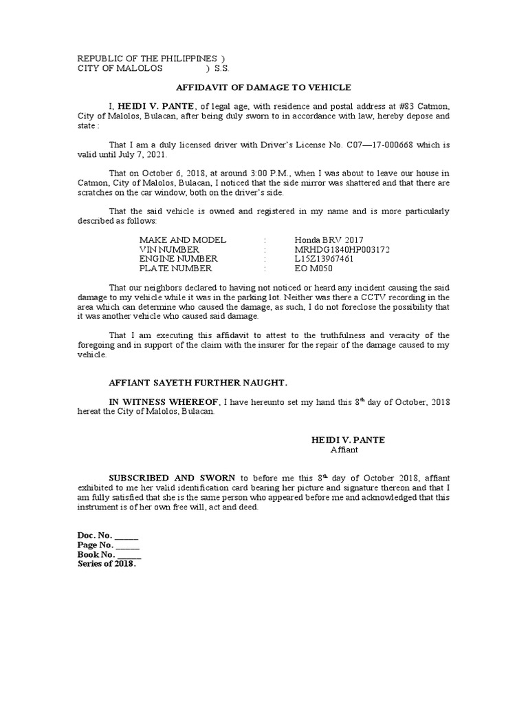 Vehicle Damage Affidavit | PDF | Finance & Money Management | Social ...