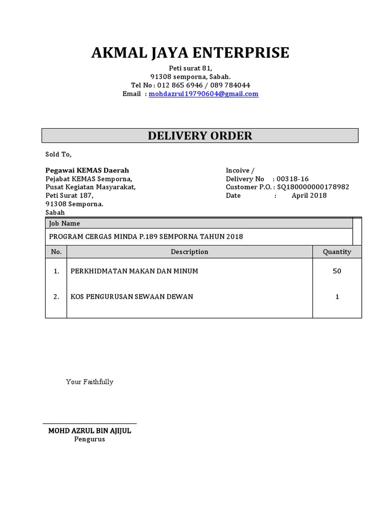 Akmal Jaya Enterprise: Delivery Order | PDF