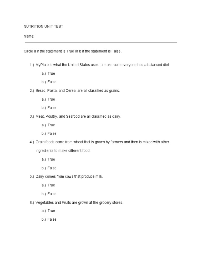 Nutrition Unit Test: MyPlate Focus | PDF | Heart | Healthy Diet