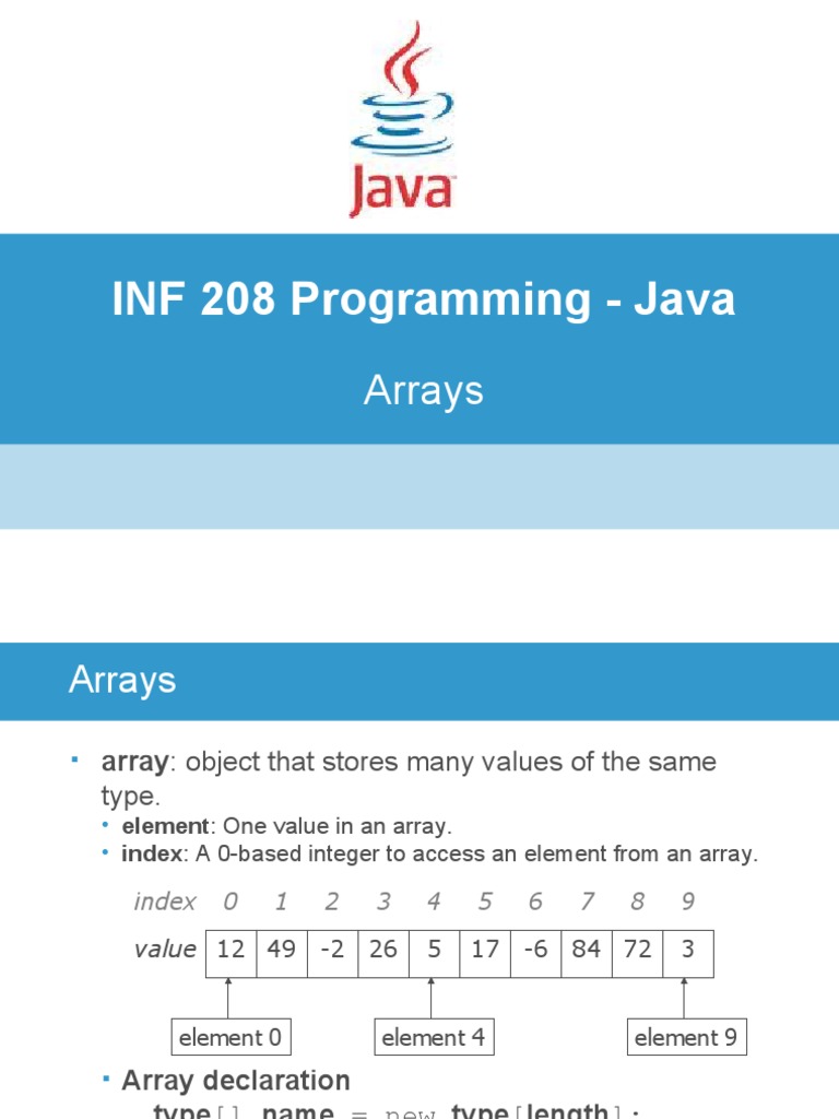Inf 208 Programming Java Arrays Pdf Array Data Structure Data Type 8856