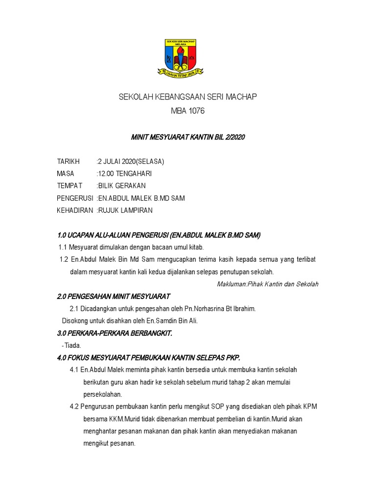 Minit Mesyuarat Kantin Kali Kedua 2020 | PDF