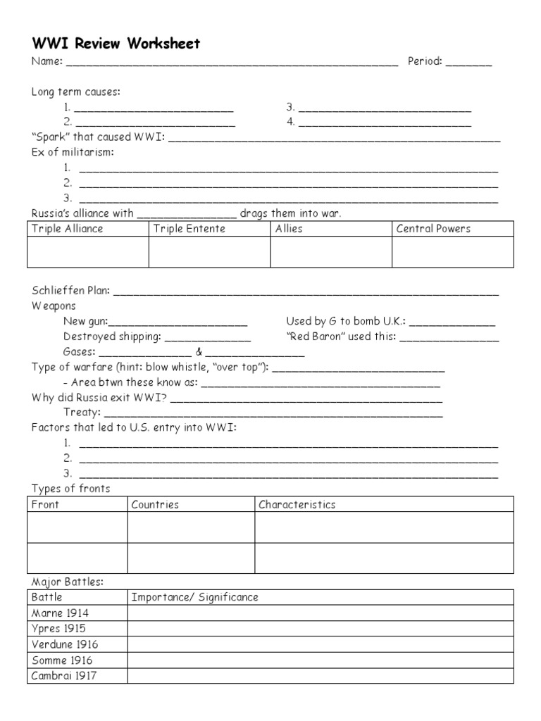 WWI Review Worksheet and Key Concepts | PDF | World War I | Military