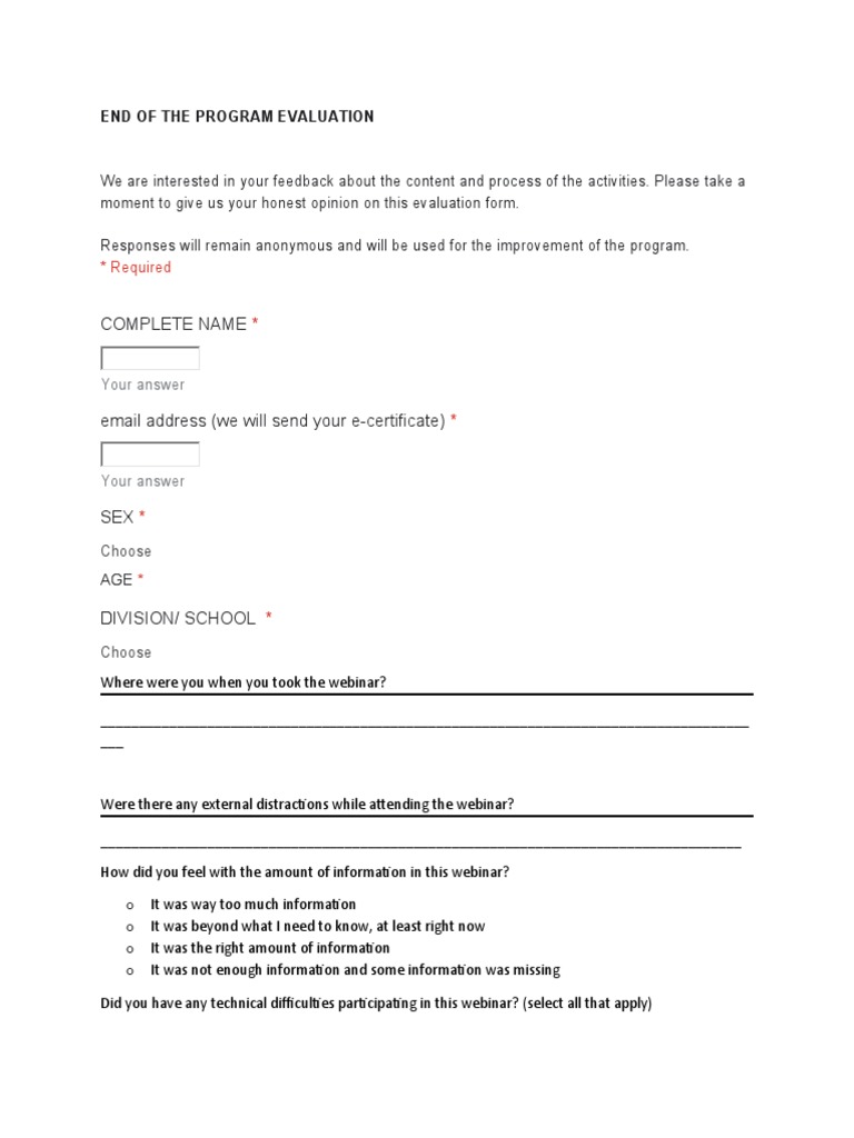 Complete Name: End of The Program Evaluation | PDF | Web Conferencing ...