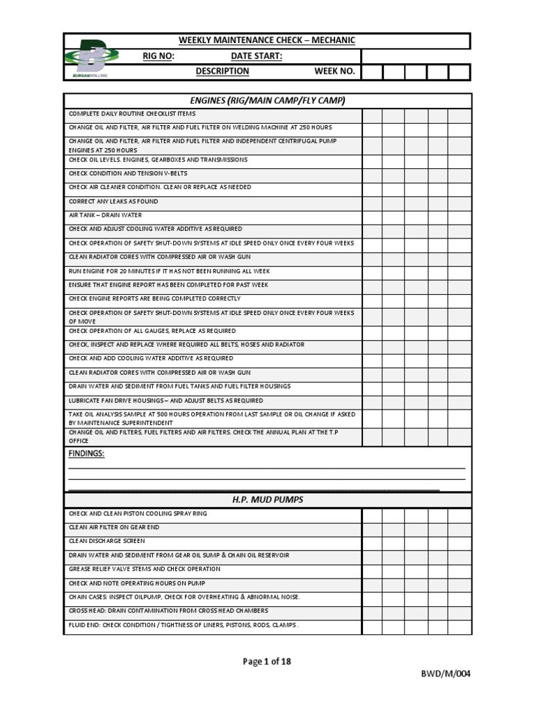 Weekly Checklist MECHANIC | PDF | Valve | Pump