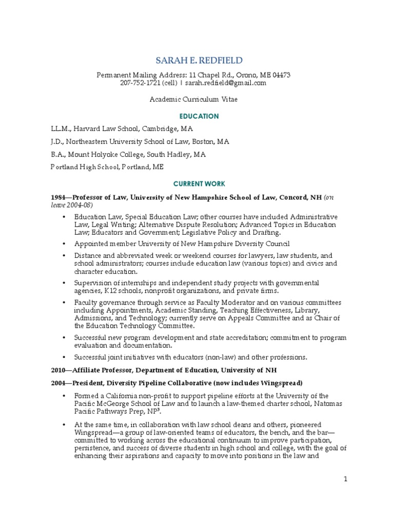 10) Resume/CV of University of New Hampshire School of Law Professor Sarah E. Redfield | PDF ...