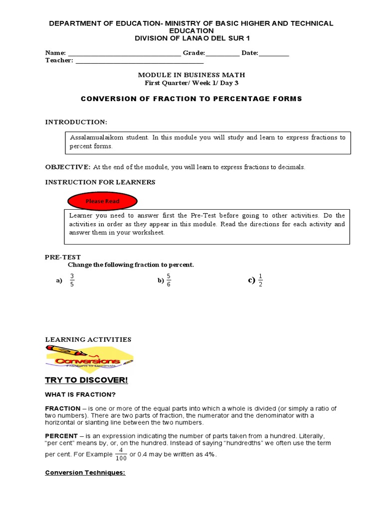 Bus Math Q1 W1 D3 | Download Free PDF | Percentage | Fraction (Mathematics)