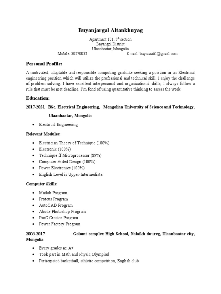 Electrical Engineer Resume Mongolia | PDF
