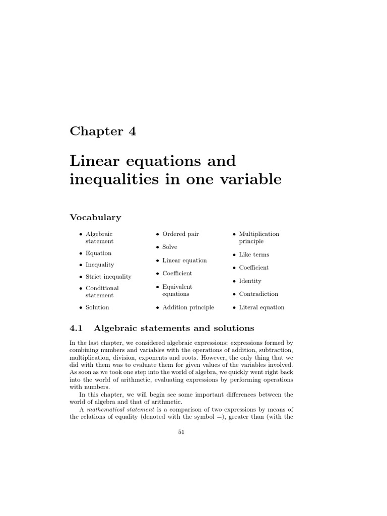 Linear Equations and Inequalities in One Variable: Vocabulary | PDF ...