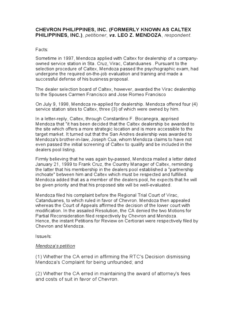 Chevron Philippines, Inc. (Formerly Known As Caltex PHILIPPINES, INC.), Petitioner, vs. LEO Z ...