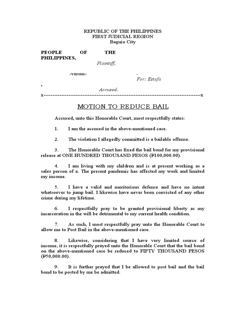 Motion To Reduce Bond | PDF | Bail | Misconduct
