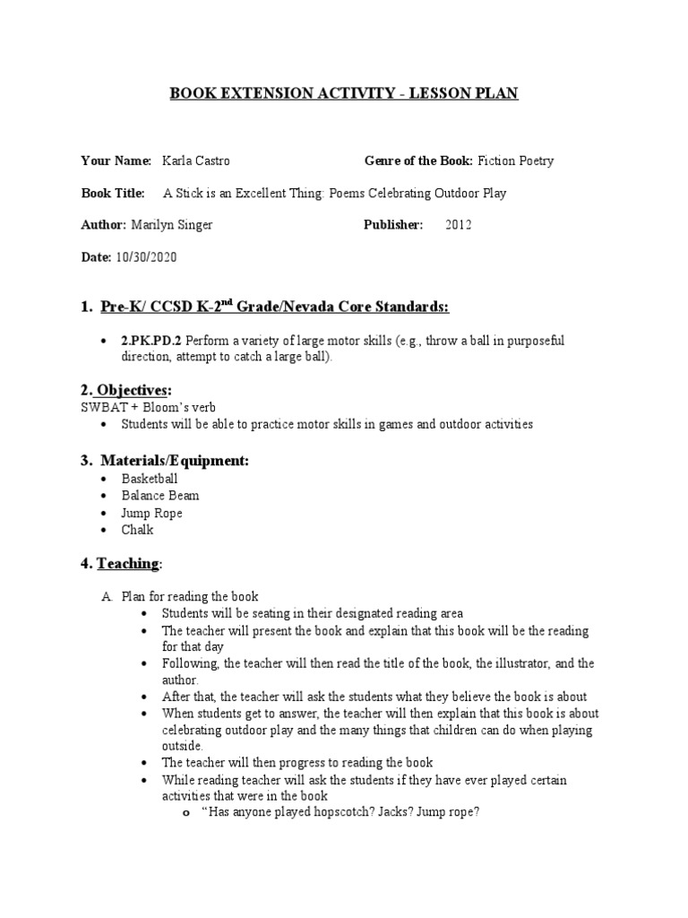 Book Extension Activity - Lesson Plan | PDF | Cognition | Learning