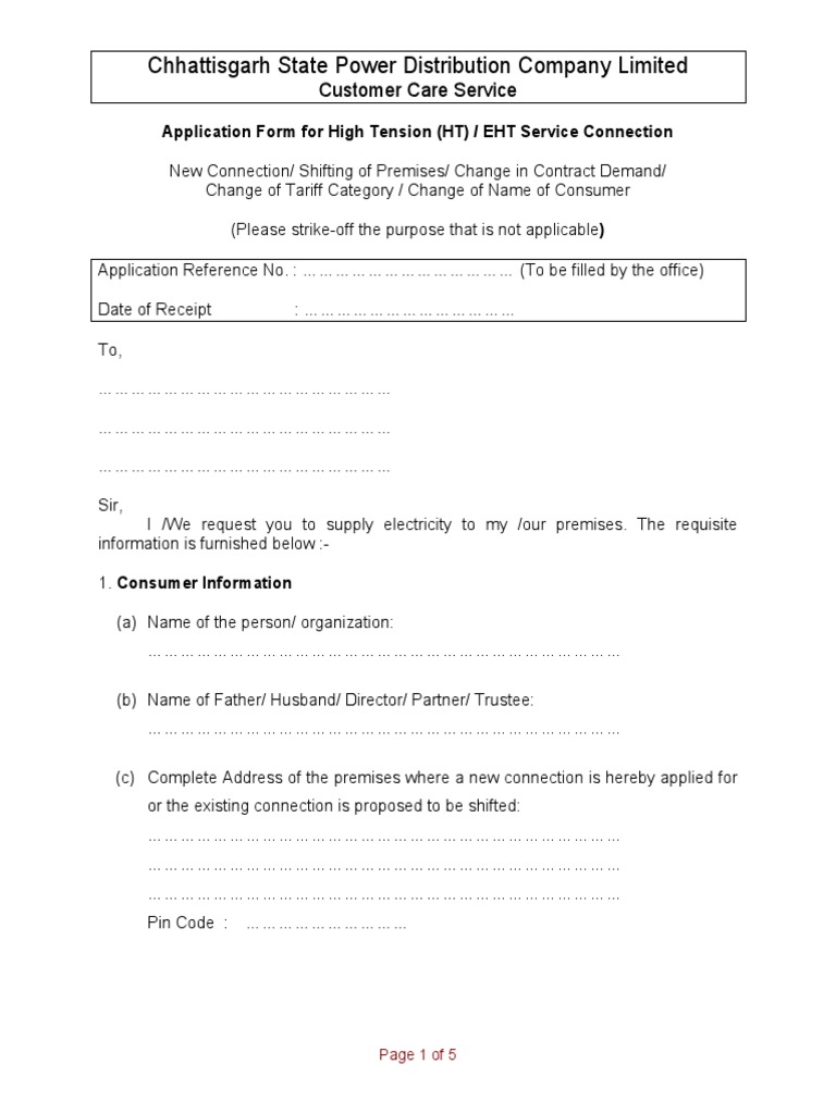 Application for High Tension/EHV Electricity Service Connection: Form ...
