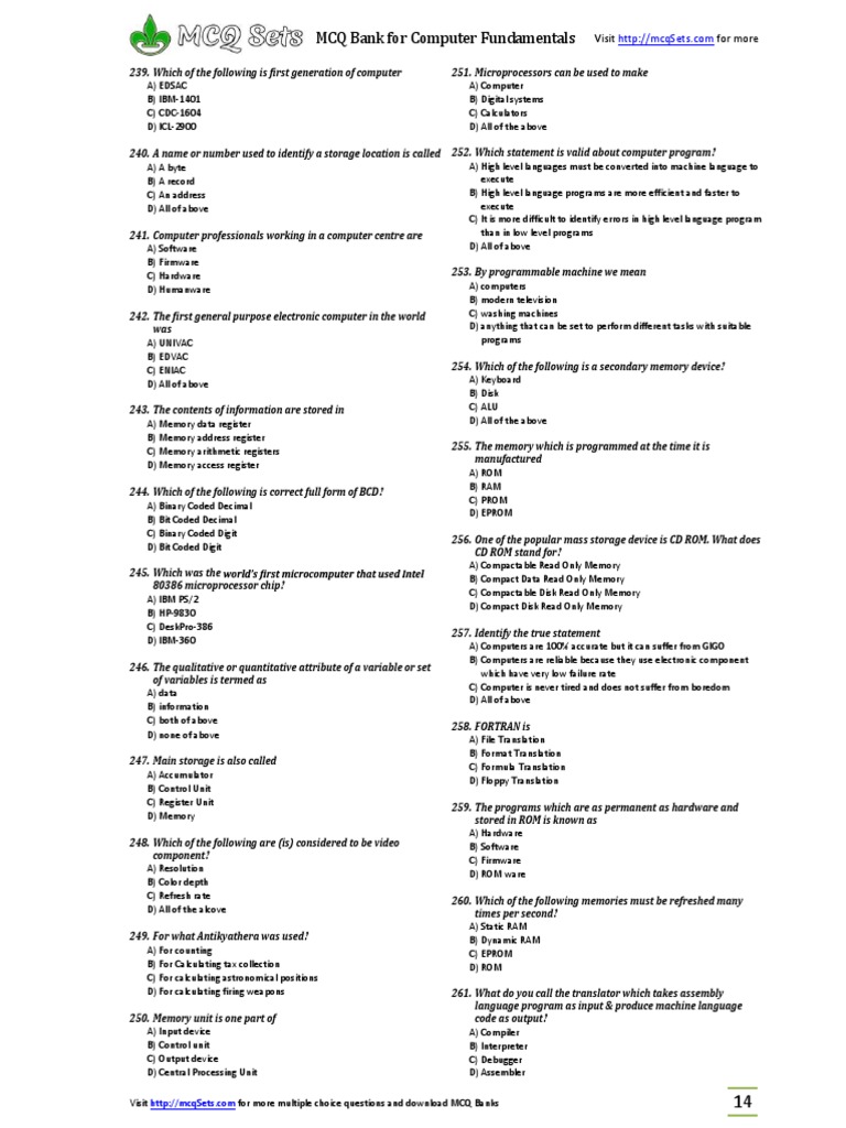 MCQ Bank For Computer Fundamentals | PDF | Computer Data Storage | Read Only Memory