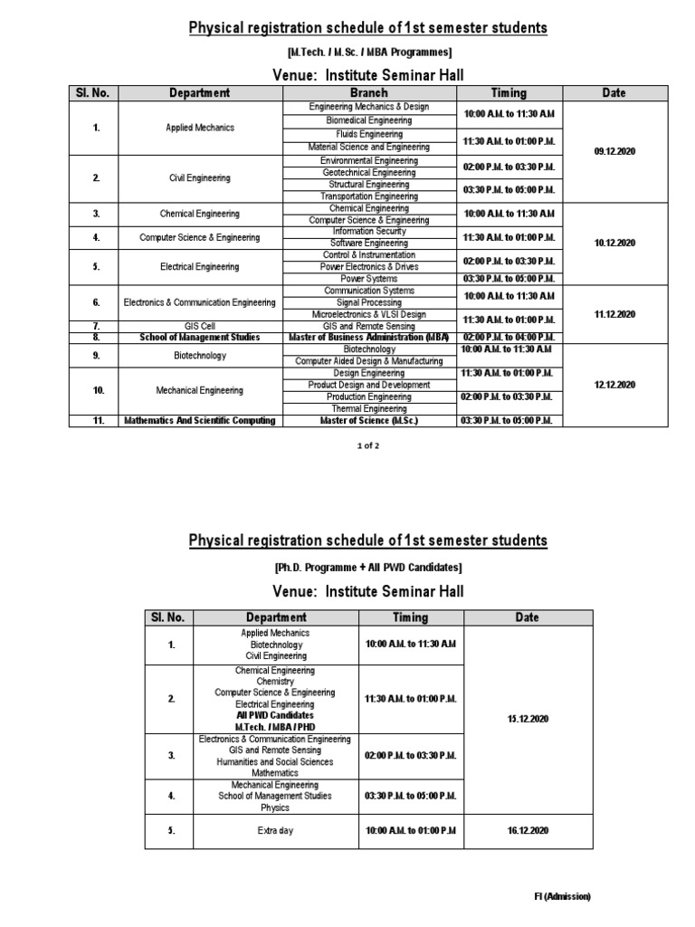 Physical Registration Schedule of 1st Semester Students Venue ...