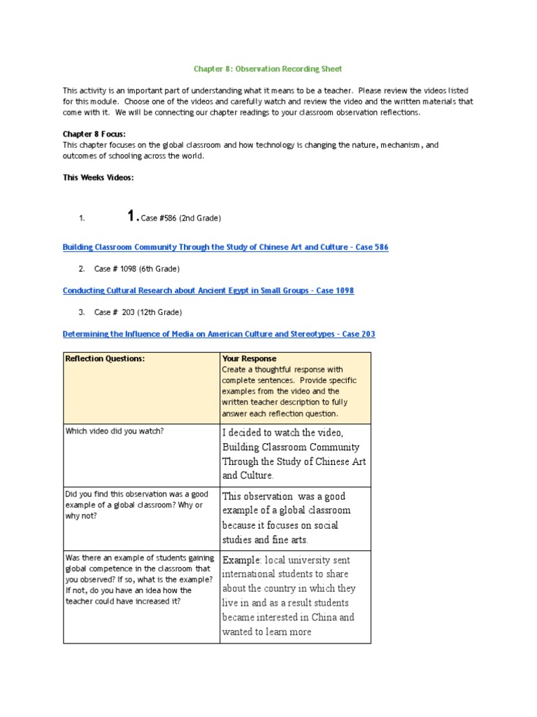 Chapter 8 Observation Recording Sheet | PDF | Classroom | Teachers