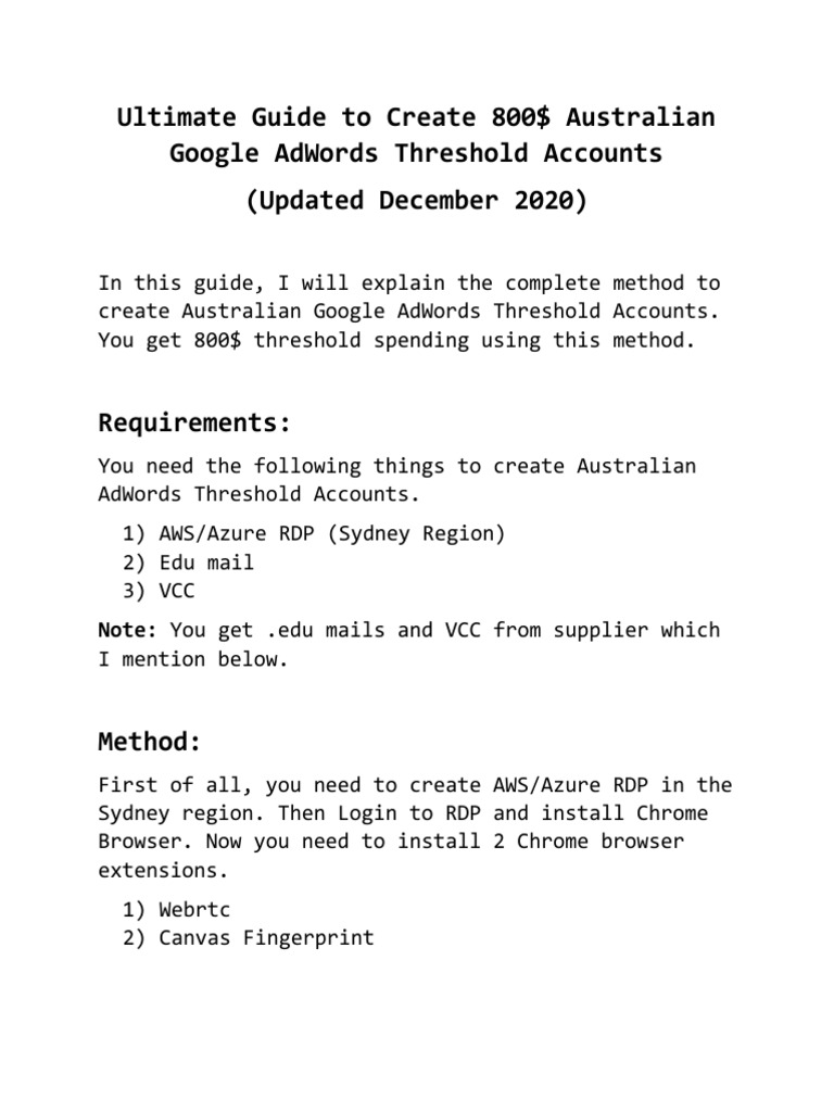Ultimate Guide To Create 800$ Google Ads Threshold Accounts | PDF