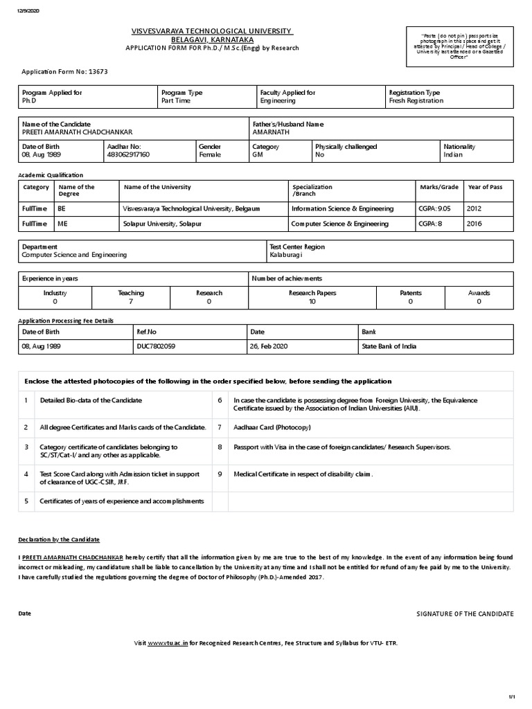 VTU Ph.D. Application Form 2020 | PDF | Doctor Of Philosophy