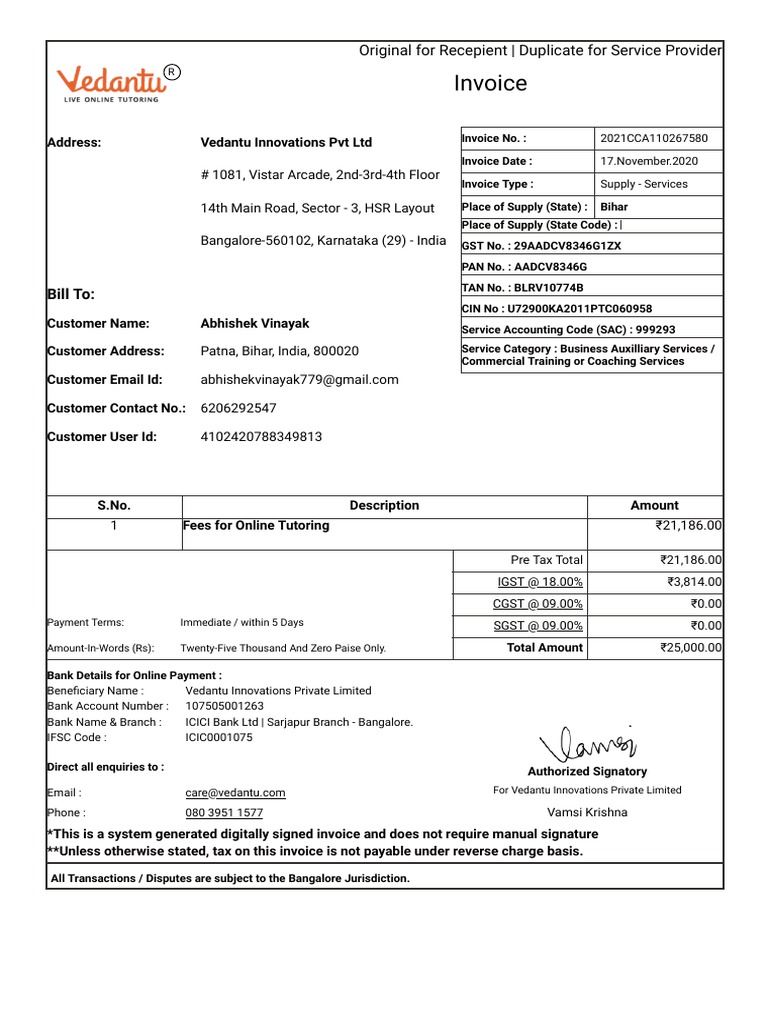 Vedantu - Student | PDF | Invoice | Payments