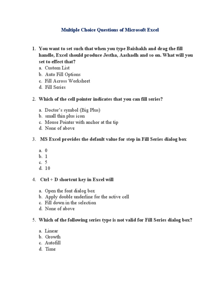 Multiple Choice Questions of Microsoft Excel | PDF | Microsoft Excel | Computing