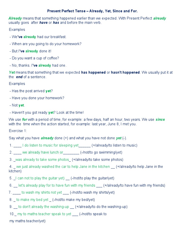 Already: Present Perfect Tense - Already, Yet, Since and For | PDF ...