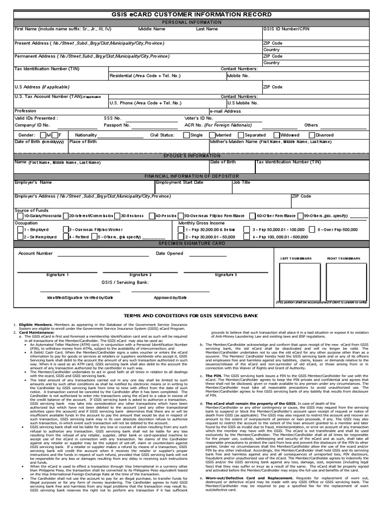 Gsis Ecard Customer Information Record | PDF | Debit Card | Financial ...